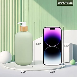 UMETASS 16.9 oz Plastic Bamboo Pump Dispenser Bottles, Shampoo and Conditioner Bottles, Refillable Container for Bathroom Shower Body Wash Lotion (16.9 oz, Green)