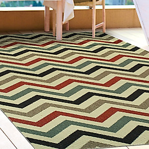 Superior Indoor Outdoor Area Rug, Jute Backed Rugs, Home Decor For Patio, Entryway, Kitchen, Living Room, Poolside, Office, Modern, Zig-Zag Floor Cover, Chevron Collection, 8' x 10', Beige