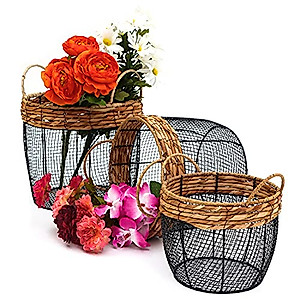 Trademark Innovations Oval Wire Tall Garden Home Décor Baskets with Wicker and Handles - Set of 3