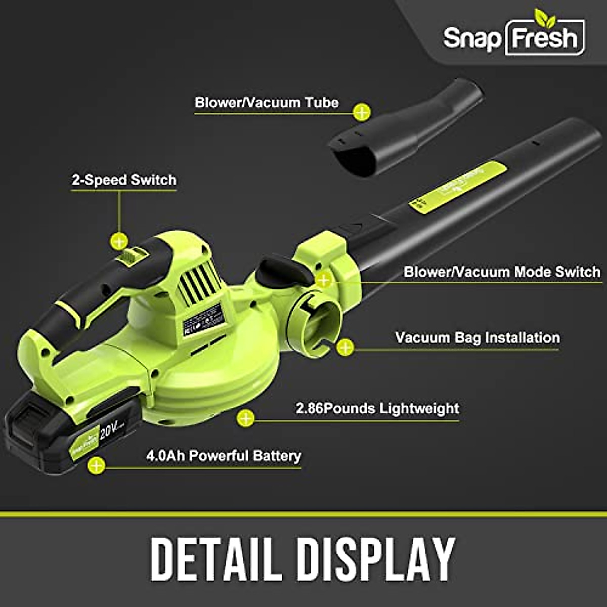 Cordless Blower & Vacuum - SnapFresh 2 in 1 Electric Blower with 4.0Ah Lithium Battery & 2h Fast Charger, 20V Handheld Vacuum Sweeper with Bag for Small Trash, Car, Dust, Pet Hair, Corner Cleaning