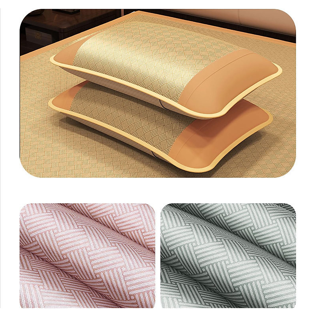 Summer Sleeping Pad Ice Rattan Mat 3 Piece Set (1 Mattress + 2 Pillowcases) Summer Ice Silk Mat Washable Cooler Mattresses (Gray, 59 * 78in/150 * 200cm)