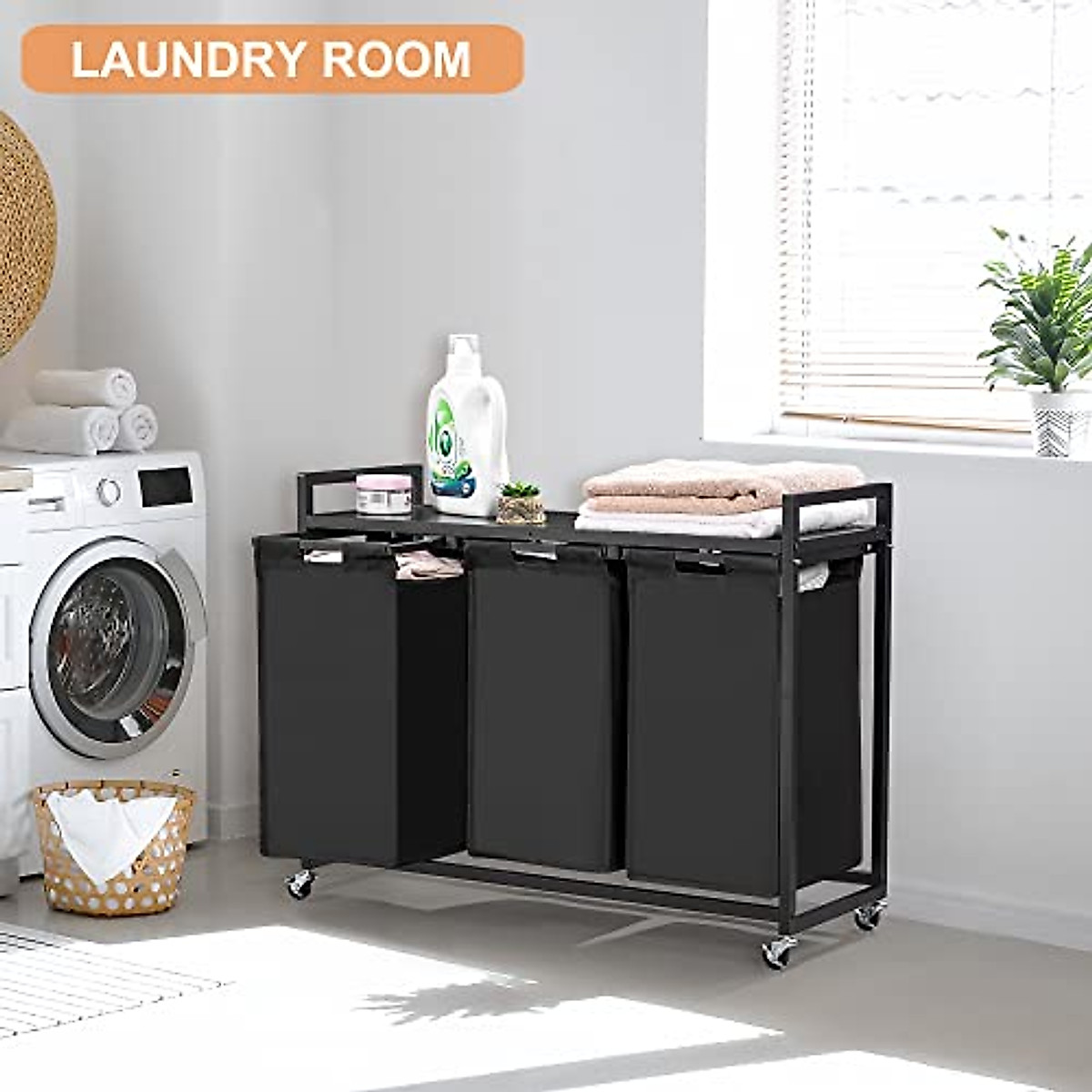 Herture Laundry Basket, 3 Compartment Laundry Hamper, 3 x 10 Gal (38L), with Shelf Rolling Laundry Sorter Organizer, Pull- Out Laundry Sorter with 3 Removable Laundry Bags Black PF01XLB