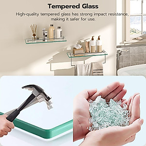 HOOBRO Glass Shelves for Bathroom, 15.7 Inch Floating Glass Shelves for Wall, Set of 2 Tempered Glass Shelf Stainless Steel Floating Shelves for Bathroom, Toilet, Room Decor, Silver SV02BJ01