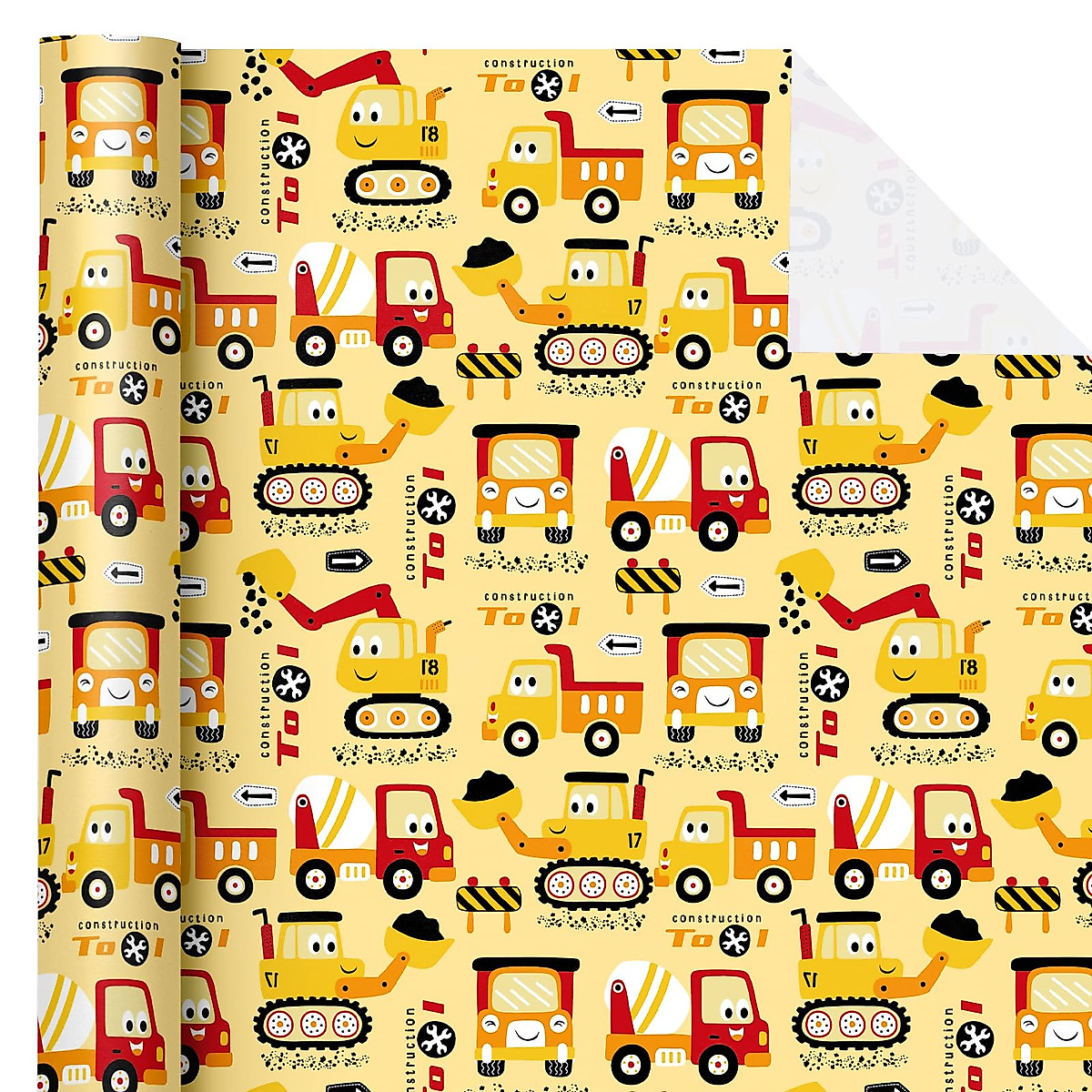 WRAPAHOLIC Construction Wrapping Paper Roll - Mini Roll - 17 Inch x 9.8 Feet - Yellow Digger Tractor Truck Design for Kids Boys Birthday, Baby Shower