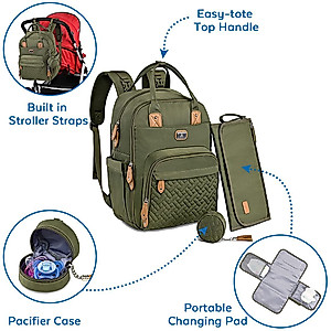 Dikaslon Diaper Bag Backpack, Stroller Hooks, Large Unisex Baby Bags with Changing Pad, Pacifier Case and Universal Stroller Clips for Mom Dad