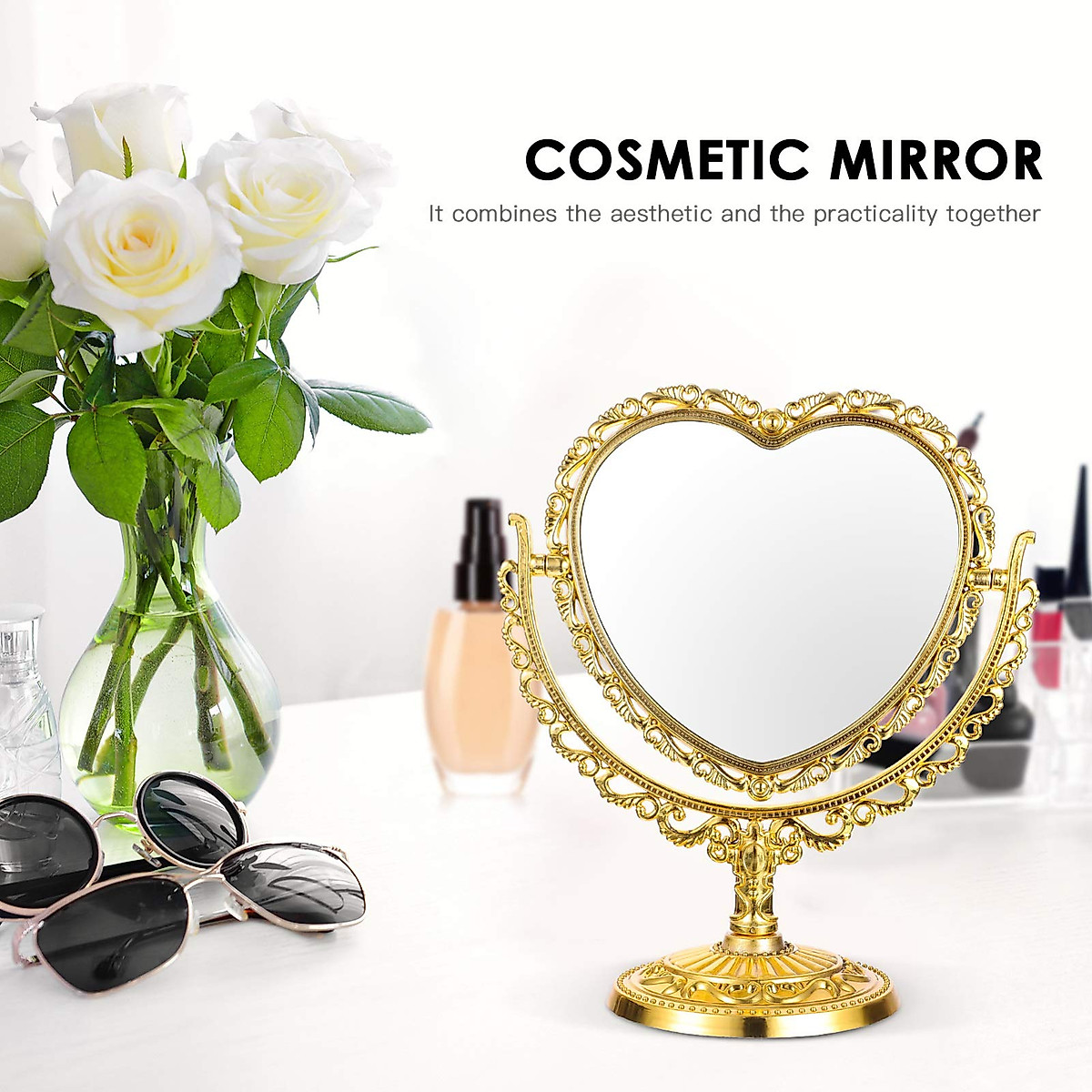 Luxshiny Vanity Mirror Heart Shaped, Double Standing Mirror Heart Shaped Mirror for Home Kitchen Table (Golden)