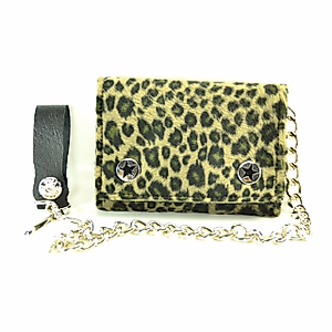Fuzzy Leopard Tri-fold Bikers Wallet with 16" Chain Green