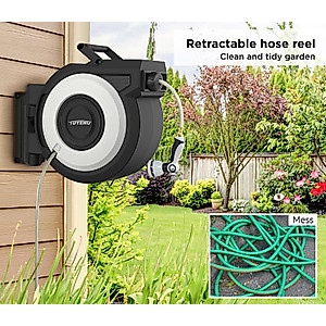 Tuyeho Retractable Garden Hose Reel 90 FT, Wall Mount Heavy Duty Water Hose Reels with Automatic Slow Rewind System, Outdoor Hoses Reel with 2 Hose Nozzles for Garden Watering, Car Wash, Pet Shower