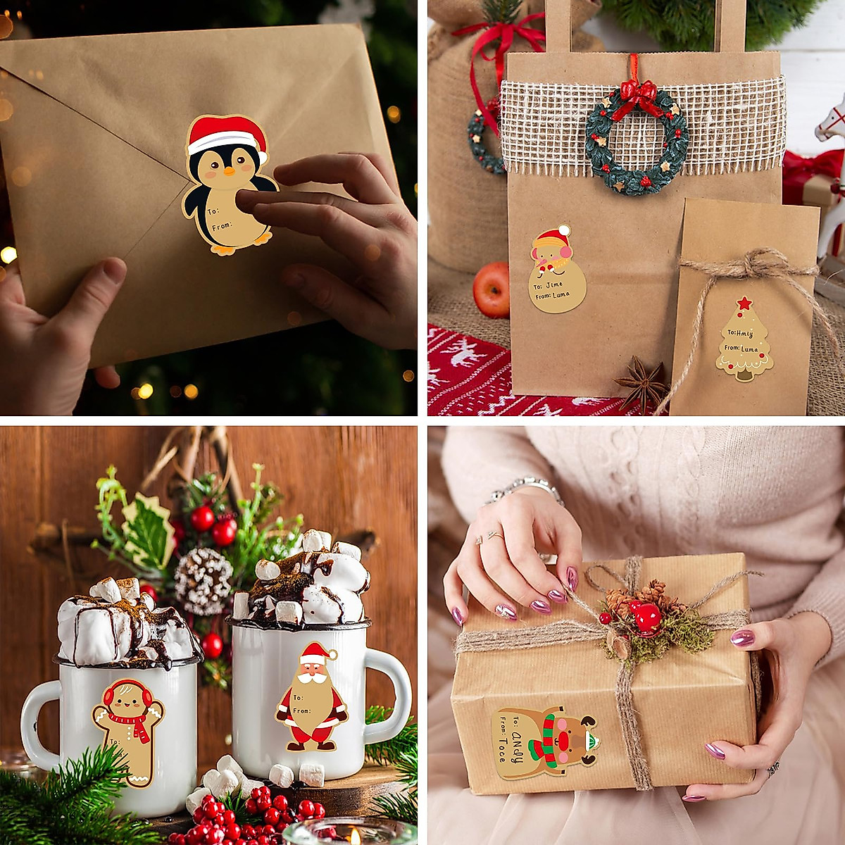 YUUIKLLE 300PCS Christmas Stickers 2x3 Inch Christmas Santa Claus Snowman Stickers 6 Designs of Self Adhesive Labels Kraft Paper Stickers,for Wrapping Birthday Envelopes Wedding Holiday Decor