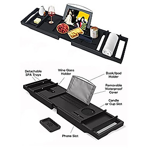 ZHTYRE Bathtub Tray Bathtub Shelf Extendable Bathtub Shelf with Bamboo Bookshelf and soap Tray 1 or 2 Person Bath and Bed Tray (Black) (Black)