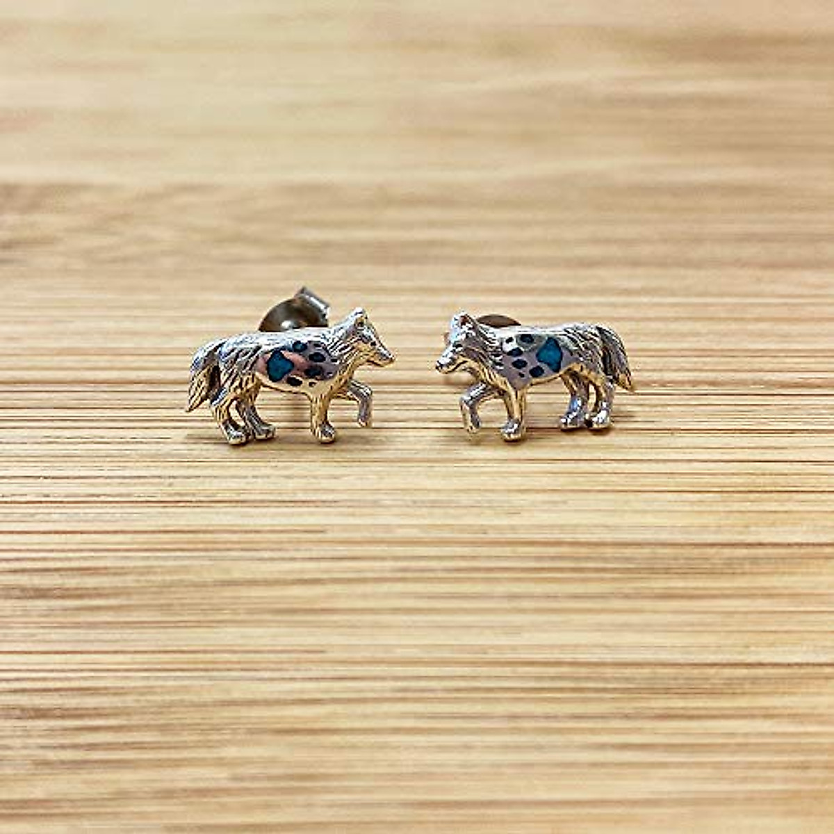 Turquoise Gemstone Wolf with Paw Southwestern Style 925 Sterling Silver Post Back Stud Earrings for Women