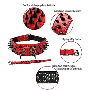 Benala Pet Dog Collar Adjustable Harness Spiked Studded Faux Leather Punk Rivet Dog Collar Pu Sharp Spikes Dog Supplies,Red,M