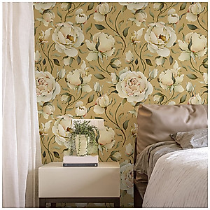 HAOKHOME Vintage Roses Floral Peel and Stick Wallpaper Peonies Removable Yellow/Beige/Olive Vinyl Self Adhesive Mural 17.7in x 9.8ft