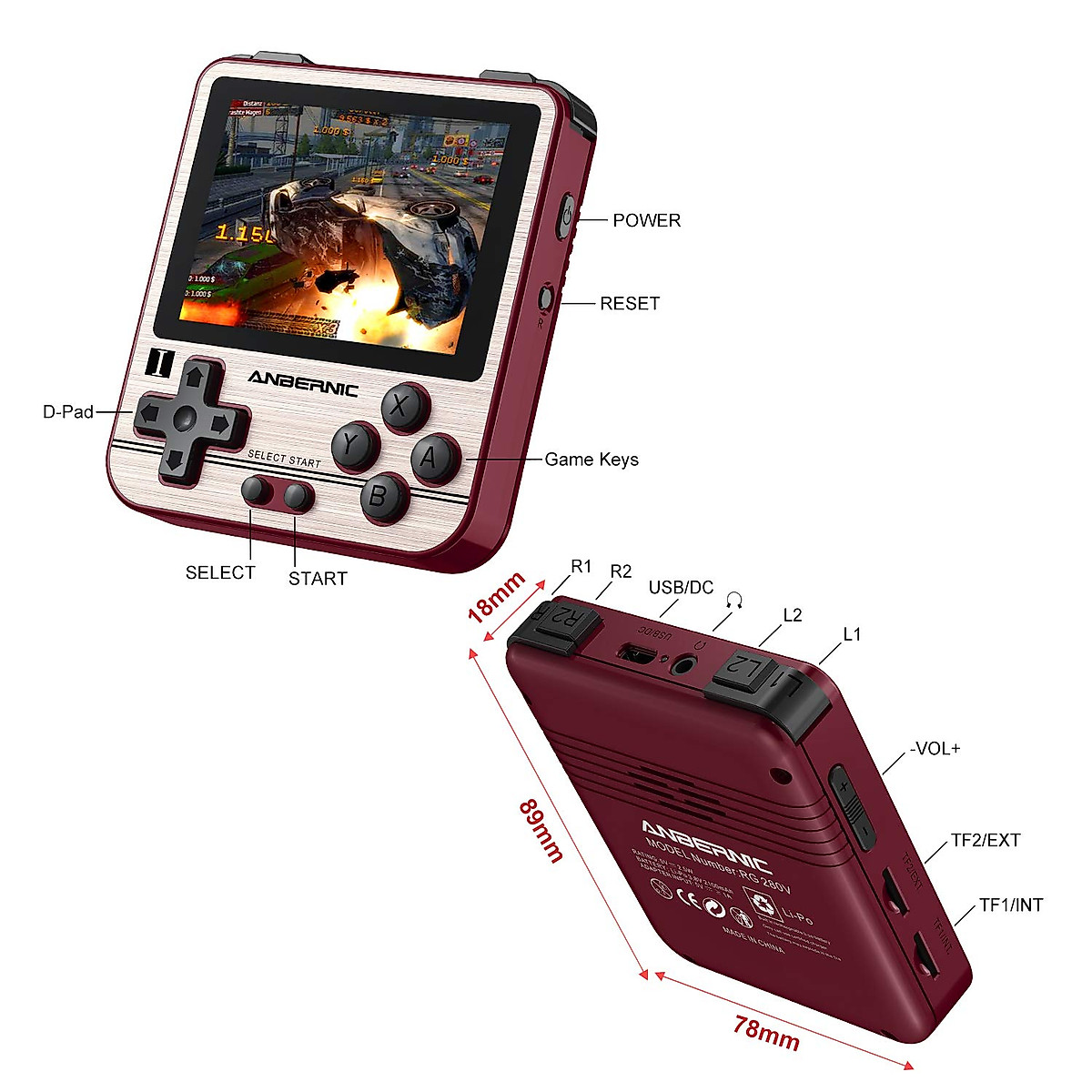 BAORUITENG RG280V Handheld Game Console with 16 + 64G TF 5000 Games 64Bit 2.8inch IPS Screen, Retro Game Console Opening Linux Tony System Portable Video Game Console
