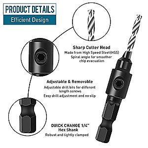 Countersink Drill Bit Set, 5Pcs Quick Change 1/4" Hex Shank Adjustable Countersink Set, 5pcs Free Replaceable Drill Bits with One Hex Wrench, Woodworking Countersink Drill Bits