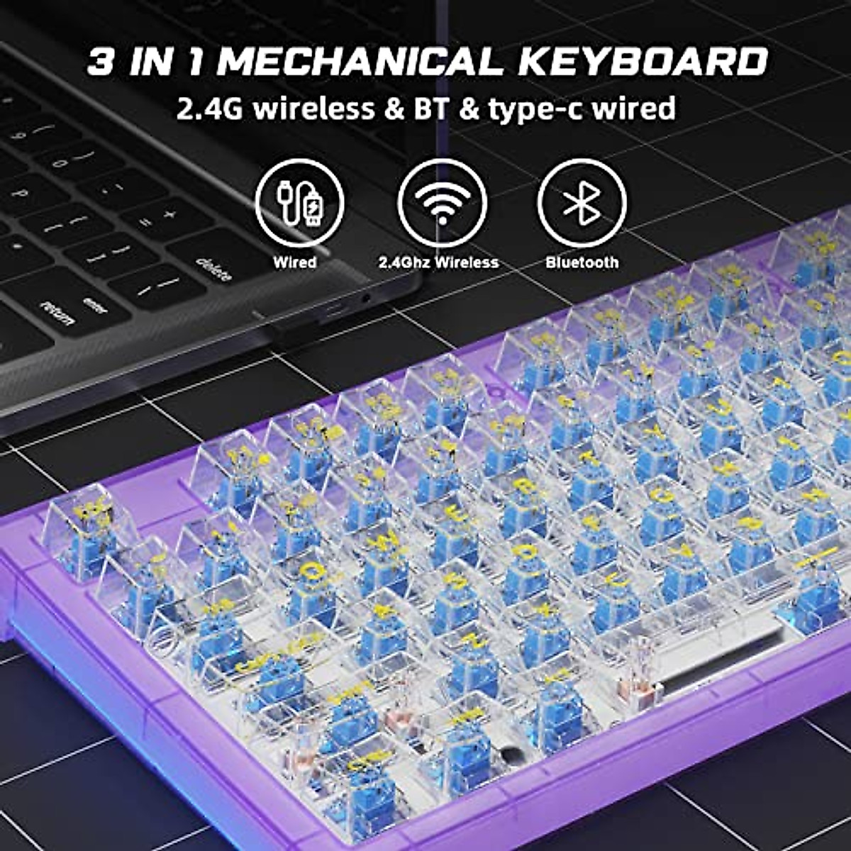 AULA Mechanical Gaming Keyboard, Wireless RGB Gaming Keyboard with Transparent keycaps, Support Hot Swappable and Programmable Macro Functionality, 2.4G & BT5.0 & USB-C, Blue Switch