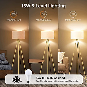 BoostArea Floor Lamp for Living Room, Tripod Floor Lamp, 15W LED Bulb, 3 Levels Dimmable Brightness, Linen Lamp Shade, Mid Century Standing Lamp for Living Room, Bedroom, Study Room and Office(Gold)