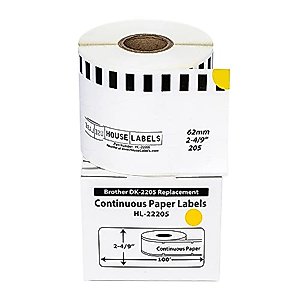 HOUSELABELS Compatible with DK-2205 Replacement Roll for Brother QL Label Printers; Yellow Continuous Length Labels; 2-4/9" x 100 feet (62mm*30.48m) - 1 Roll