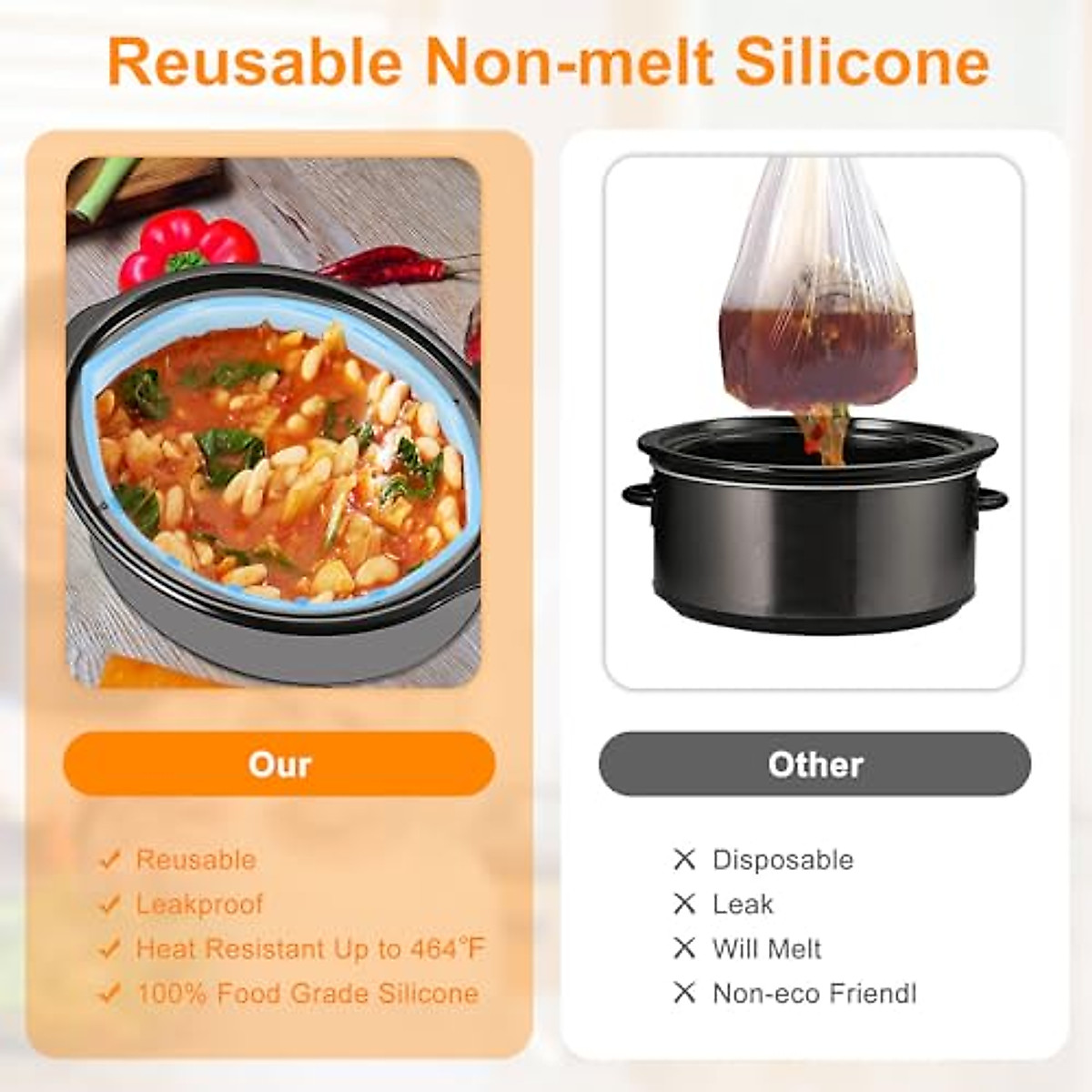 Ghojet Silicone Slow Cooker Liners Fits 6-10 QT Crock Pot Orange and Blue Silicone Crock Pot Liners Reusable Crock Pot Bags Liners for Round or Oval Pots Large Size Dishwasher Safe Leak-Proof Cooking