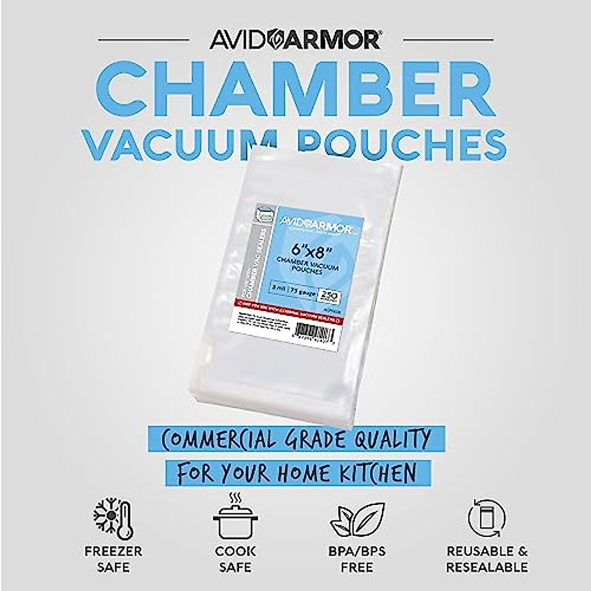 Avid Armor – Chamber Machine Pouches, Pre-Cut Chamber Vacuum Sealer Bags, Heavy Duty Seal Pouch, BPA-Free Chamber Sealer, 6 x 8 inches, Pack of 250 Vacuum Chamber Pouches
