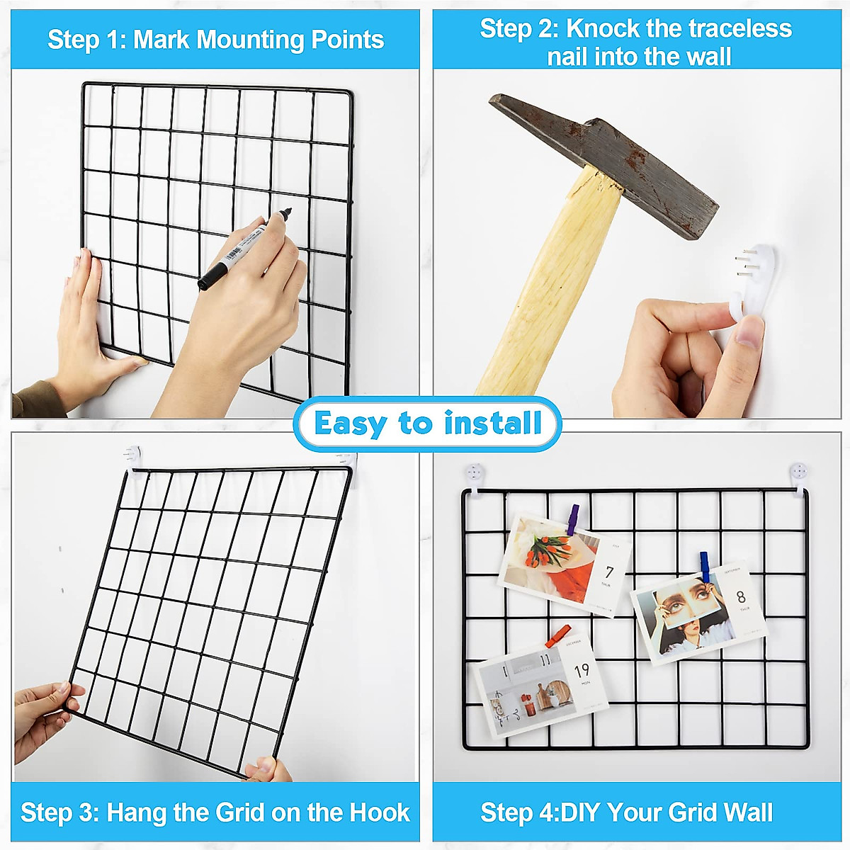 6 Pack 16 x 12 Inch Black Wall Grid Wire Panel with Accessories 1 Black Hanging Wire Basket, 1 Shelf, 1 Hook Rack, 2 Letter Sorter Shelf, 20 Clips, 12 Non Trace Nail, 2 Hemp Rope, Photo Home Decor