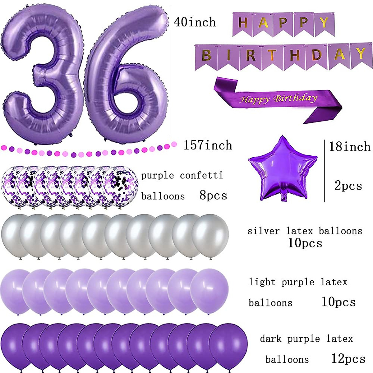 yujiaonly 36th Birthday Party Decorations Purple Happy Birthday Paper Banner Purple 40inch Number 36 Happy birthday Sash Latex and Confetti Balloons Perfect for 36 Years Old Party Supplies Balloons Number 36 Purple