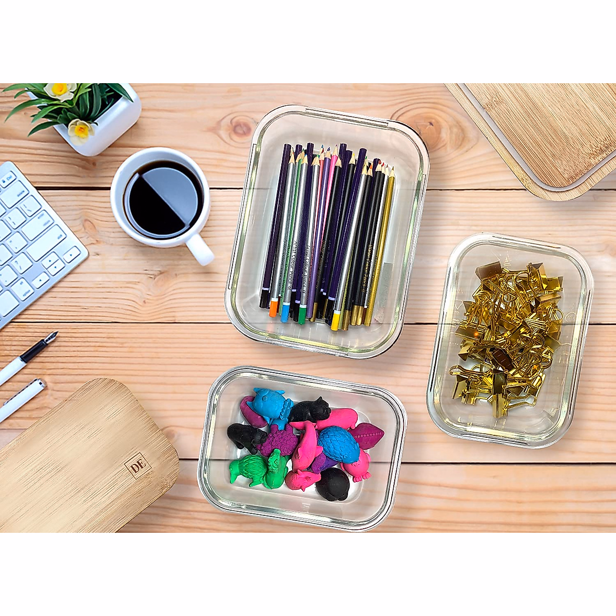 DE Glass Food Storage Containers with Bamboo Lids (4 Pack, 2 x 640ML & 2 x 1040ML) Eco Friendly Meal Prep Containers Reusable – Airtight, Plastic Free, BPA Free