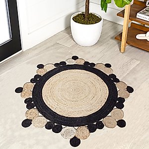 CASAVANI Collection Circle Area Rug - 10 Ft' Round Black Natural Jute Mat Geometric Kilim Rug Indoor Outdoor Use Mat Flatweave Rugs for Bedroom Bedside Round Dining Table Mat Hall & Kitchen