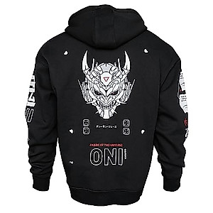 Fabric of the Universe Premium Techwear Graphic Fashion Cyberpunk Hoodie (Black ONI RD, Medium)