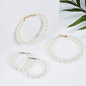Hicarer 4 Pairs Faux Pearl Hoop Earrings for Women Large Big Drop Dangle Earrings Pearl Beaded Earrings Jewelry for Women Brides Gift