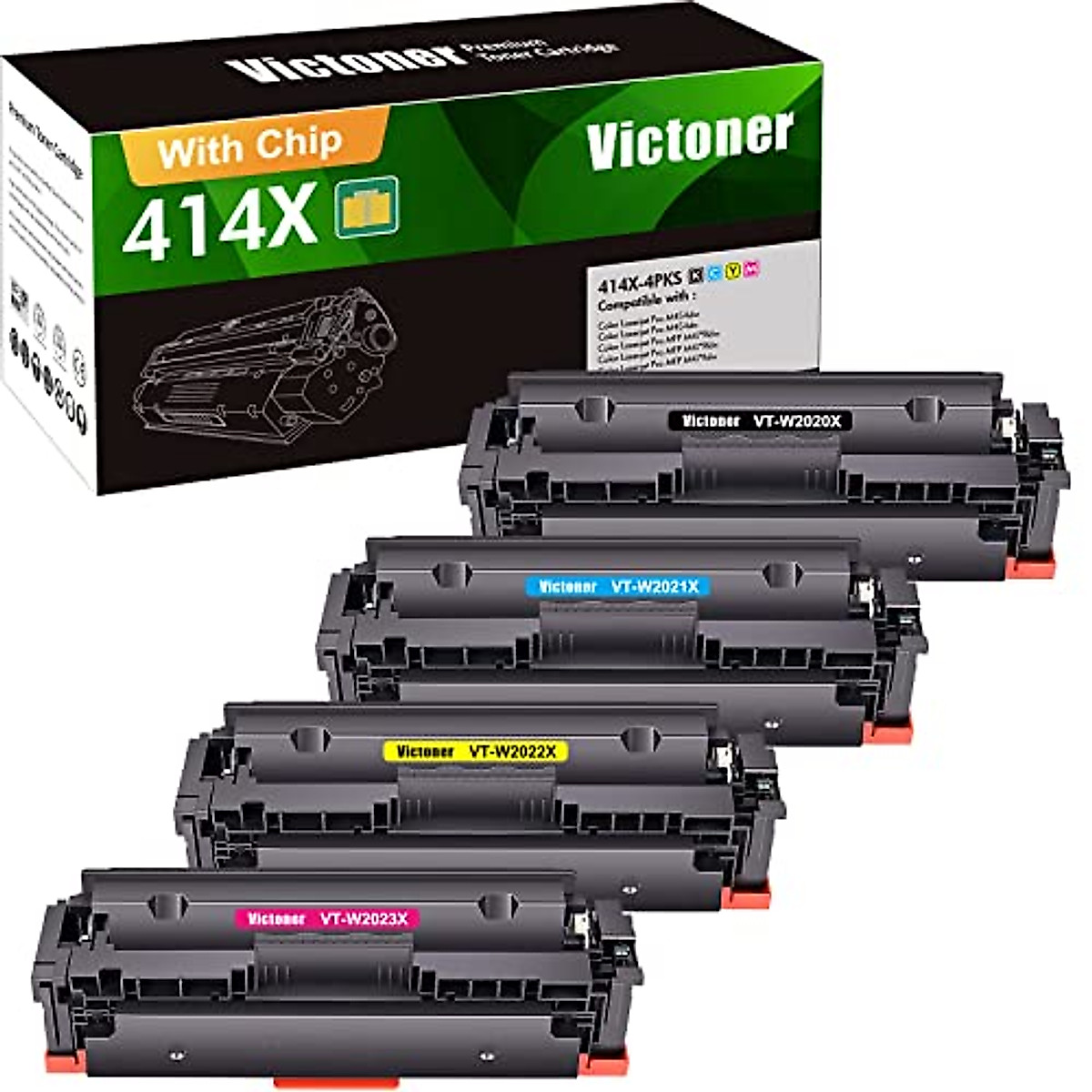 VICTONER 414X 414A Toner Cartridges 4 Pack (with Chip) Compatible Replacement for HP 414X 414A W2020X Work for HP Color Pro MFP M479fdw M454dw M479fdn M454dn Printer Ink (Black Cyan Magenta Yellow)
