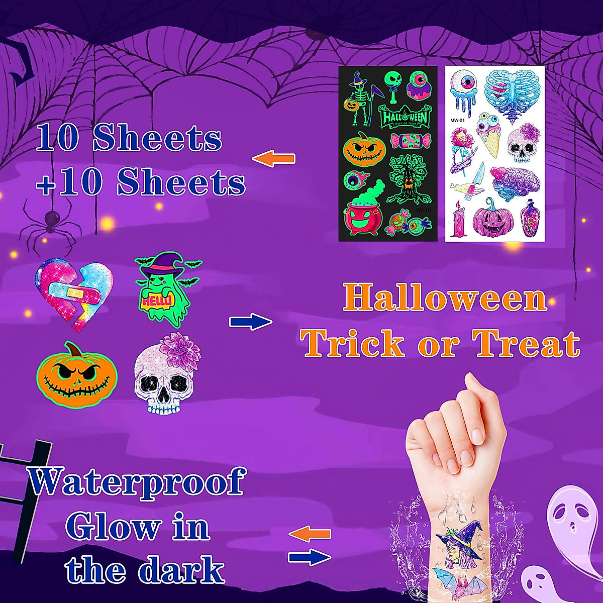 Sixberry Glitter Halloween Temporary Tattoos for Girls, 20 Sheets Glow in the Dark Tattoo Stickers for Kids Women Men Halloween Cosplay Costume Accessories Party Favor Decorations Supplies