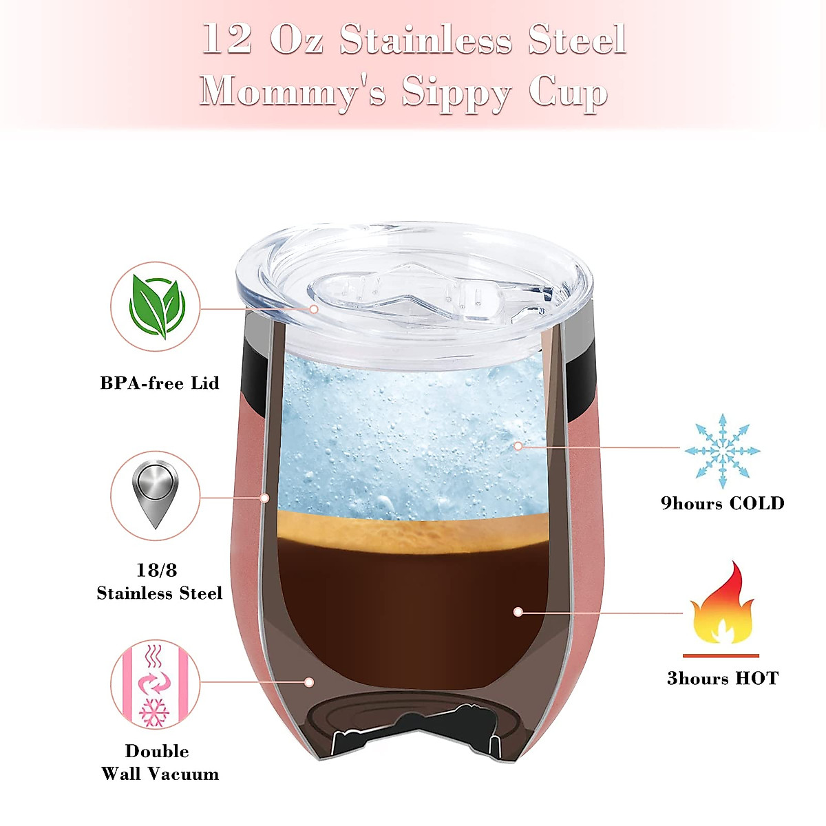 LiqCool Gifts for Mom, Christmas Gifts for Mom, Mom Gifts from Daughter Son, Mommy Sippy Cup Wine Tumbler, Gifts for Mom Who Has Everything for Birthday Valentines Day (12 Oz, Rose Gold)