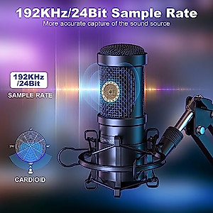 Aokeo USB Condenser Microphone, 192kHZ/24bit Professional PC Streaming Podcast Cardioid Microphone Kit with Boom Arm, Shock Mount, Pop Filter, for Recording, Gaming, YouTube,Meeting, Discord
