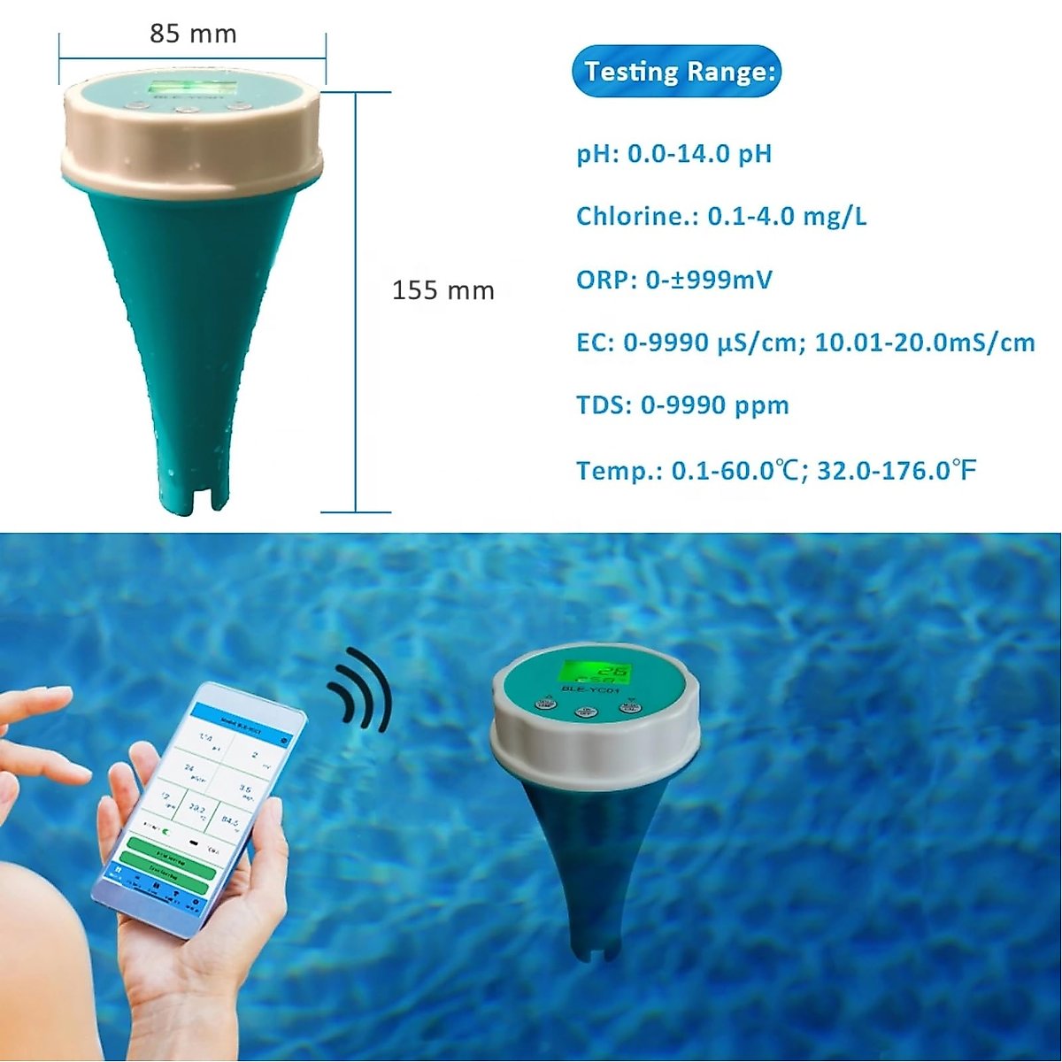 BLE YC01 Pool Monitor EC ORP CL e Temperature 6 in 1 Detector Water Quality Tester