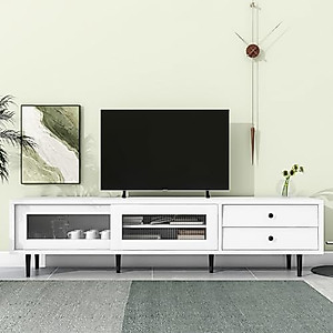 PONNYC TV Stand for TVs up to 75",Modern TV Cabinet with Sliding Fluted Glass Doors and Slanted Drawers,Media Entertainment Center Console Table Coffee Tables Credenza for Living Room Bedroom,White B