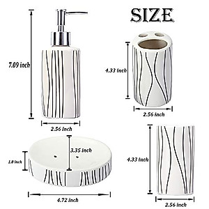 LUEUR 5 Pieces Ceramic Bathroom Accessories Set Includes Soap Dispenser, Soap Dish, 2 Tumblers, Divided Toothbrush Holder w/ Striped Line Printed