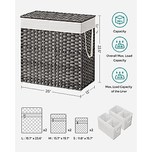 SONGMICS 130L Clothes Hamper with Lid, 2 Removable Liner Bags & 6 Mesh Bags, Wicker, Double Laundry Basket for Bathroom, 13 x 26 x 23.6 Inches, Gray ULCB253G01