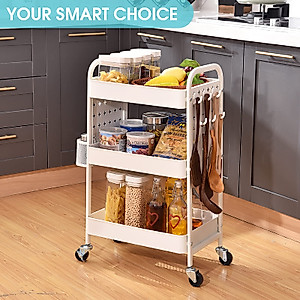 TOOLF 3-Tier Rolling Cart, Metal Utility Storage Cart with DIY Pegboards, Art Craft Trolley with Baskets Hooks, Organizer Serving Cart Easy Assemble for Office, Home, Kitchen, Classroom, White