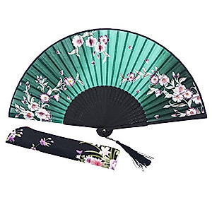 Amajiji® Charming Elegant Modern Woman Handmade Bamboo Silk 8.27" (21cm) Folding Pocket Purse Hand Fan/Chinese Japanese Vintage Retro Style Handheld Folding Fan (Green)