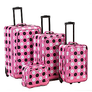 Rockland Escape 4-Piece Softside Upright Luggage Set,telescoping Handles, Pink Dots, (14/19/24/28)