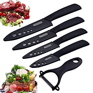 Ceramic Knife Set with Sheaths Black Set 5 Piece Kitchen Ceramic Knife 6" Chef Knife, 5" Utility Knife, 4" Fruit Knife, 3" Paring Knife, One Peeler