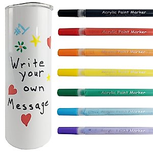 Create Your Own Personalized Gifts, White 20 oz Insulated Tumbler Mug with Lid, Set of 7 Acrylic Paint Pens (1 Tumbler | 1 Marker Set)