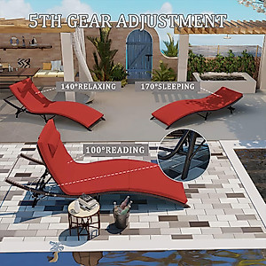 Kullavik Lounge Chair for Outside,3 Pieces Chaise Lounge Outdoor Folding Pool Lounge Chairs Including Table Rattan Patio Furniture Set,Red
