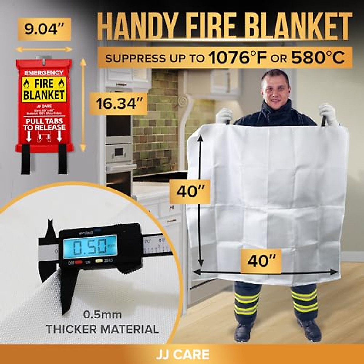 JJ Care Fire Blanket – 5 Packs with Hooks – Emergency Fire Blanket for Home & Kitchen, High Heat Resistant Fire Suppression Blankets for Home Safety, Kitchen, and Camping