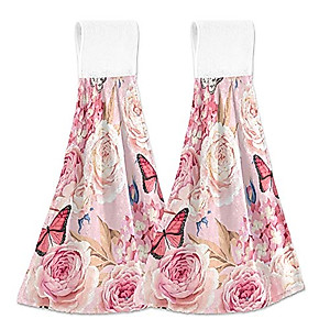 Qilmy Rose Butterfly Kitchen Towel with Hanging Loop, Absorbent Hand Towel Dish Cloth for Kitchen Bathroom Farmhouse Housewarming Home Decor 12 x 17 Inch