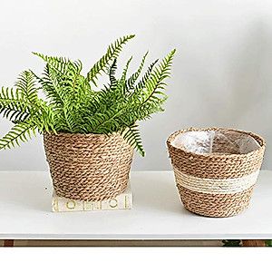 SANGDA Seagrass Planters, Cover Storage Basket Containers Hand Woven Straw Pot with Plastic Liners for Indoor Outdoor Plant, Flower