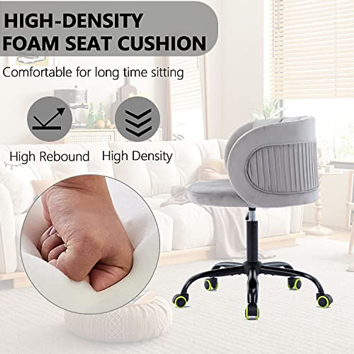 Modern Home Office Chair Upholstered Tufted Velvet Cute Desk Chair Adjustable Swivel Computer Task Chair with Wheels for Girls Women Accent Chair Vanity Chair for Living Room Bedroom Makeup (Grey)