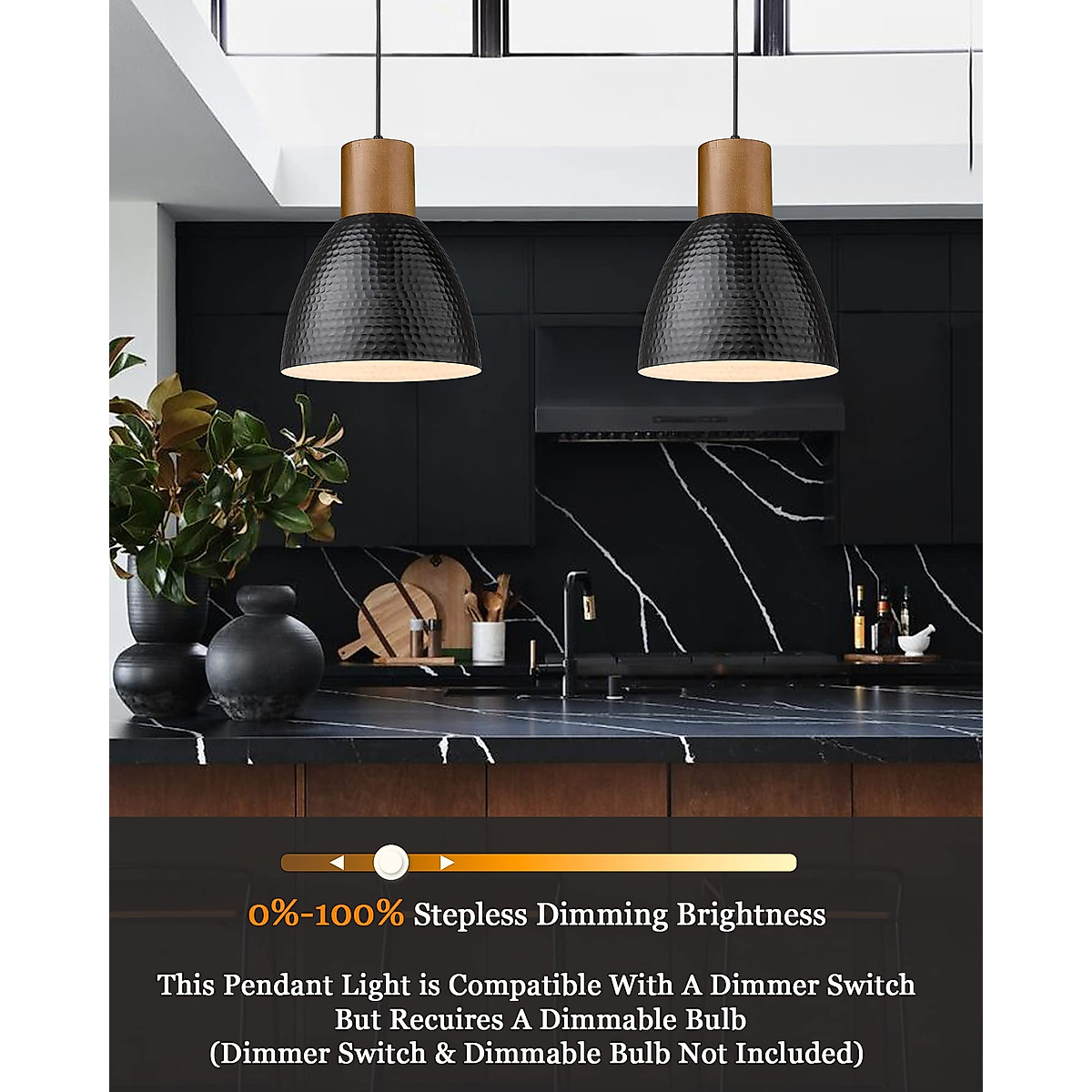 ELYONA Industrial Pendant Light, Hammered Hanging Lamp with Solid Wood & Metal Shade, Modern Pendant Light Fixtures for Kitchen Island, Bar, Farmhouse Dining Room, Bedroom, Living Room - Black