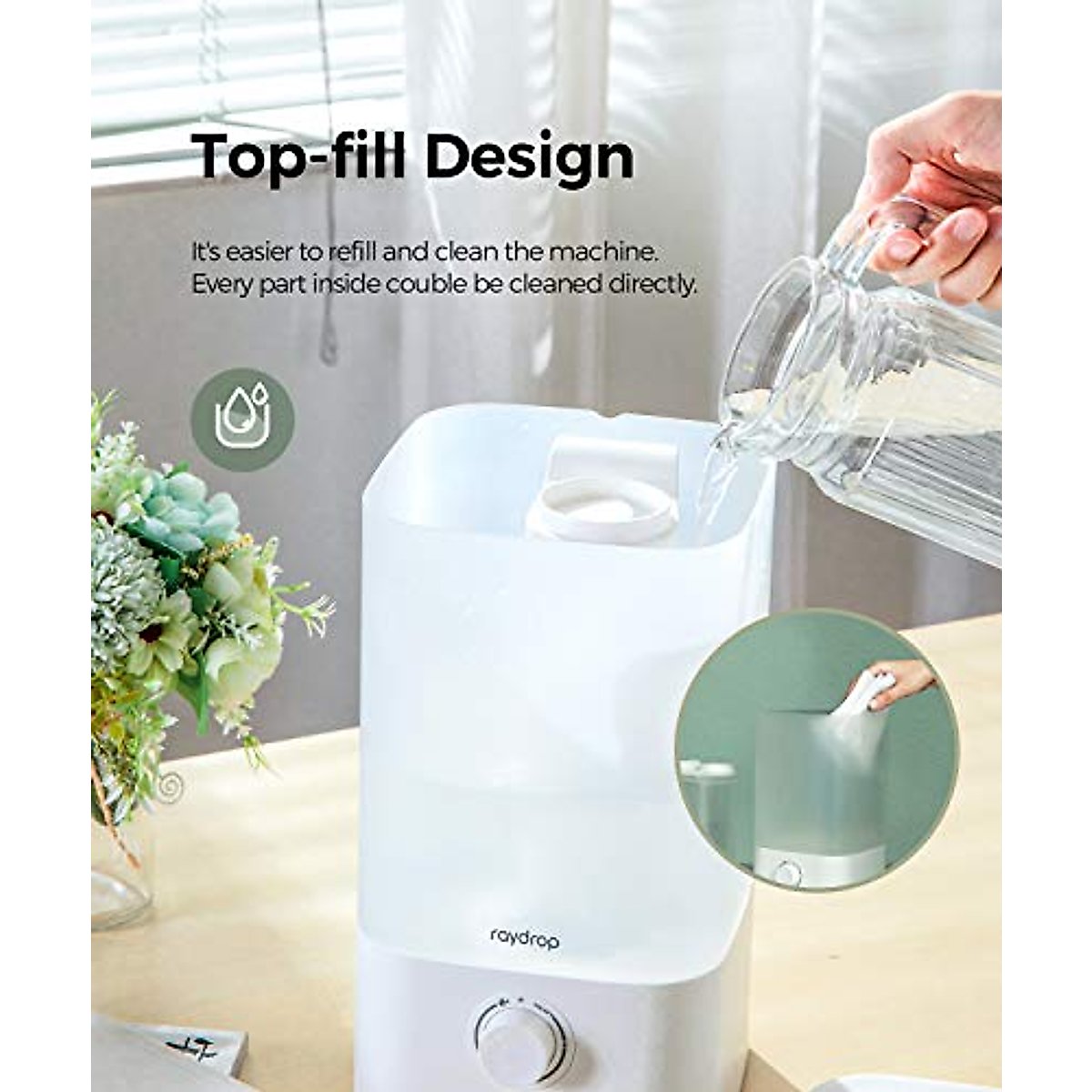 raydrop Cool Mist Humidifier Diffuser, 2.5L Essential Oil Diffuser, Top Fill Humidifier for Bedroom, Home and Office, Baby Humidifier with Adjustable Mist Output, Dial Knob, Auto Shut Off (White)